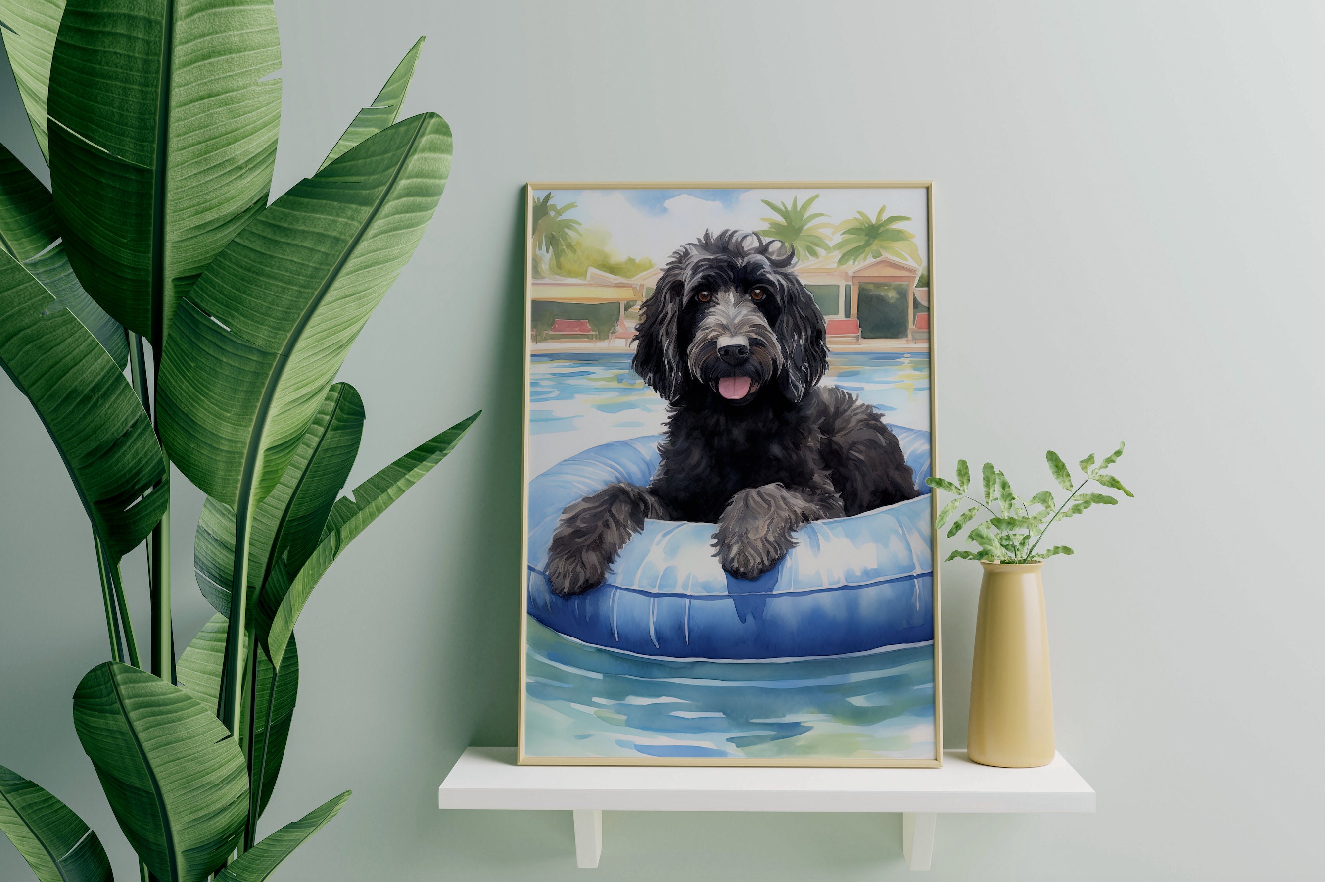 Labradoodle in the Pool - Digital Watercolor Painting - Instant ...