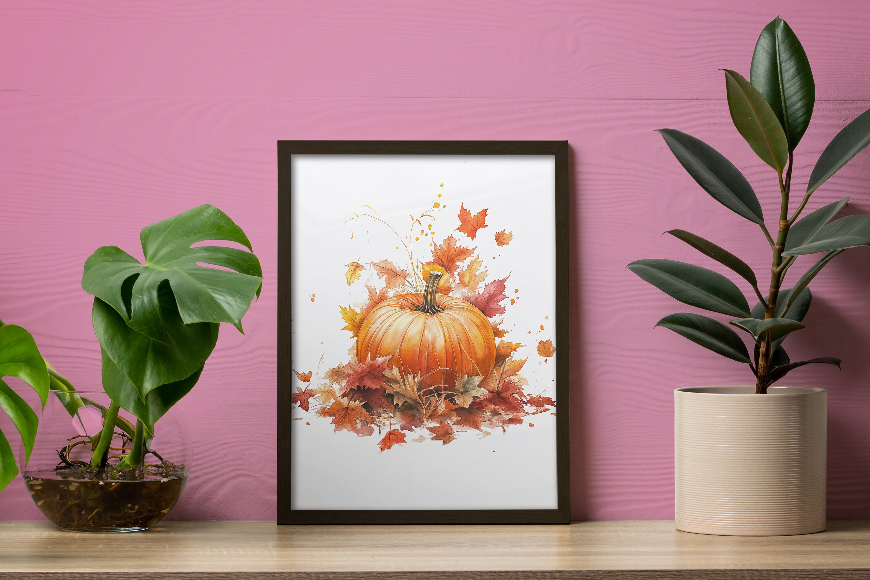Autumn Pumpkin Watercolor Print - Fall Leaves & Harvest Decor - Digital ...