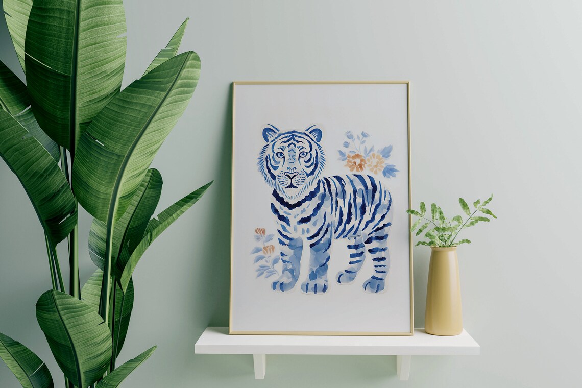 Majestic Blue Tiger - Detailed Watercolor Digital Painting - Instant ...