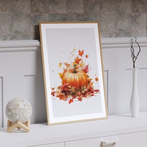 Autumn Pumpkin Watercolor Print - Fall Leaves & Harvest Decor - Digital ...