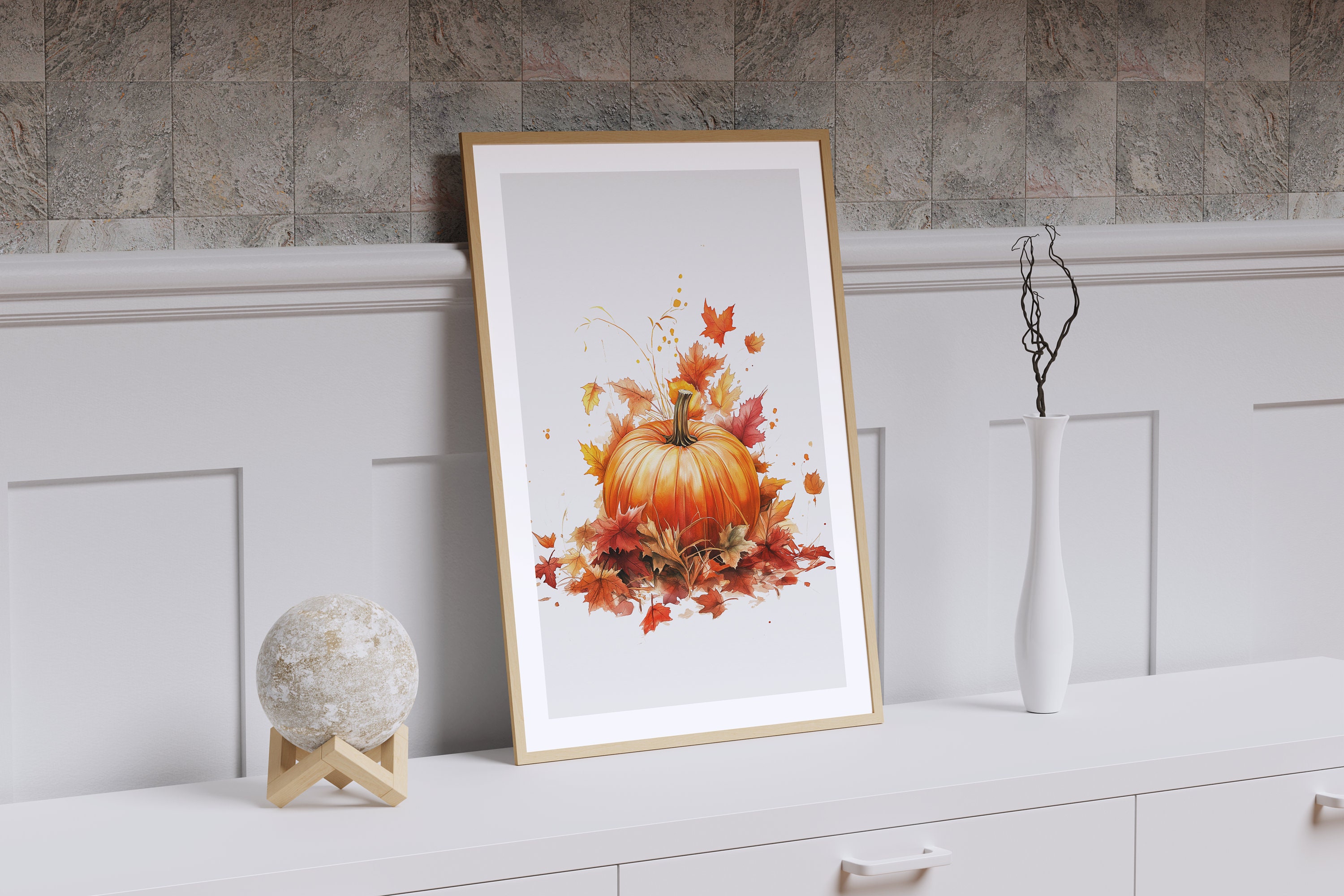 Autumn Pumpkin Watercolor Print - Fall Leaves & Harvest Decor - Digital ...