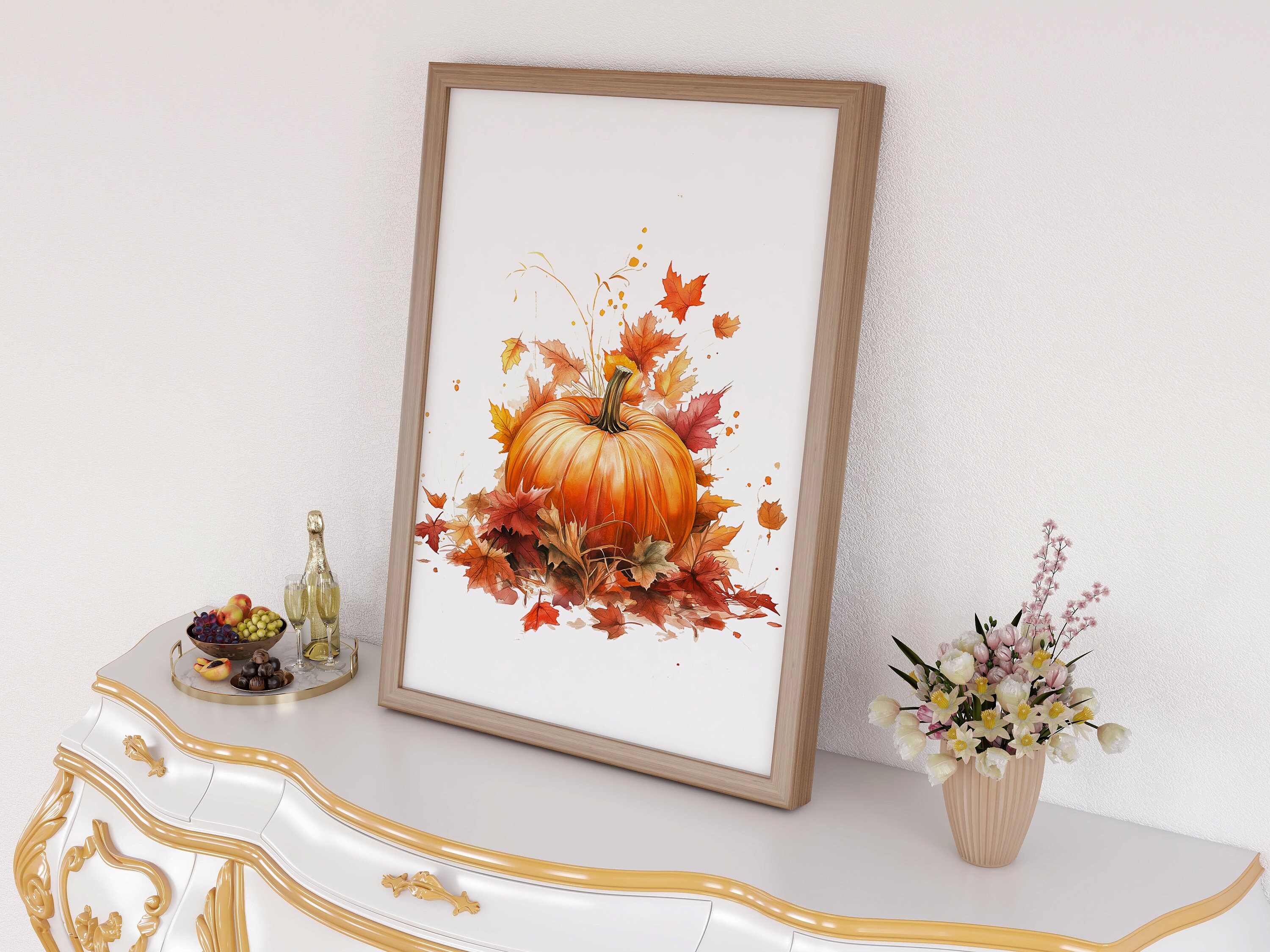 Autumn Pumpkin Watercolor Print - Fall Leaves & Harvest Decor - Digital ...