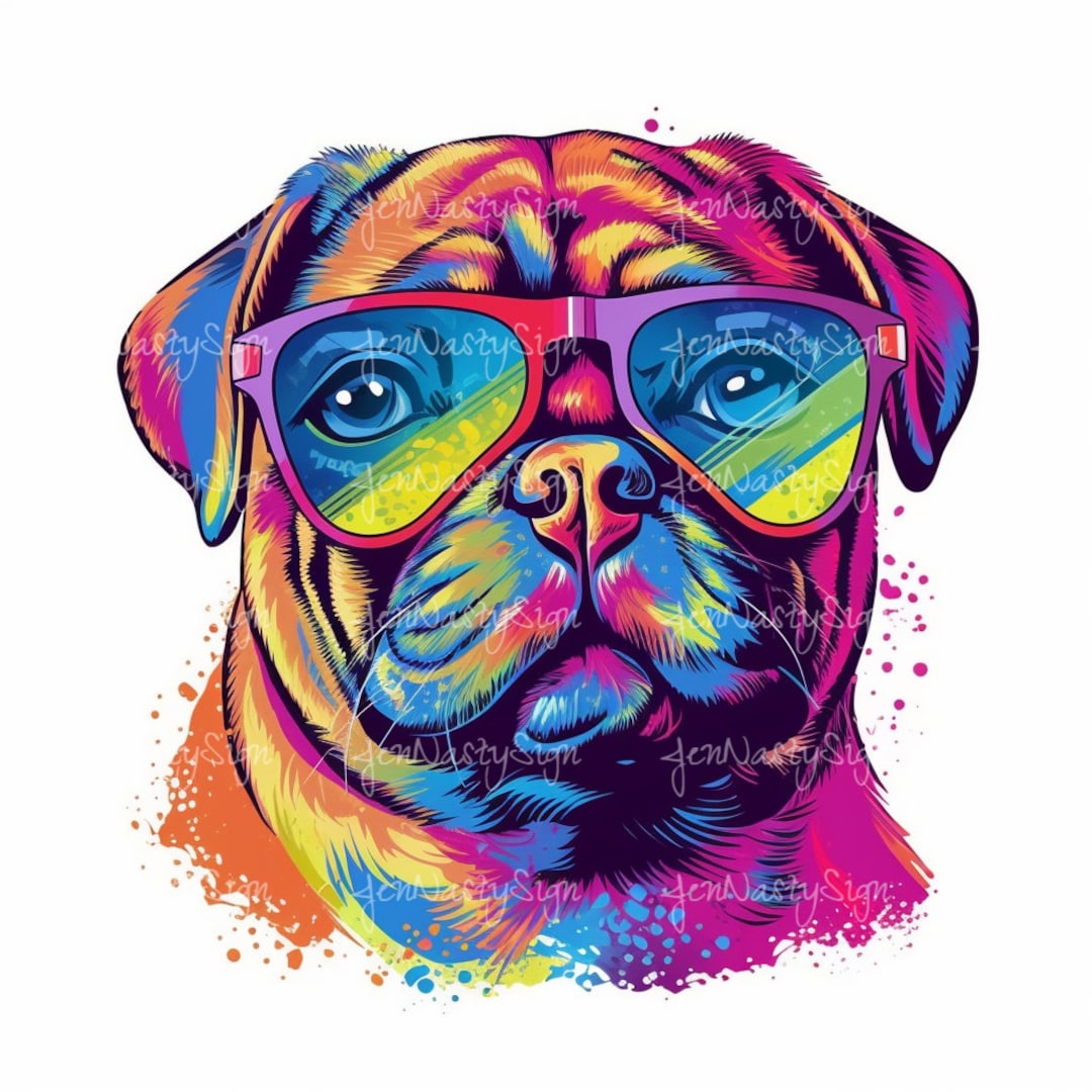 Colorful Pug Dog PNG Hand Drawn Pug Dog Breed PNG Pug Portrait PNG Dog ...