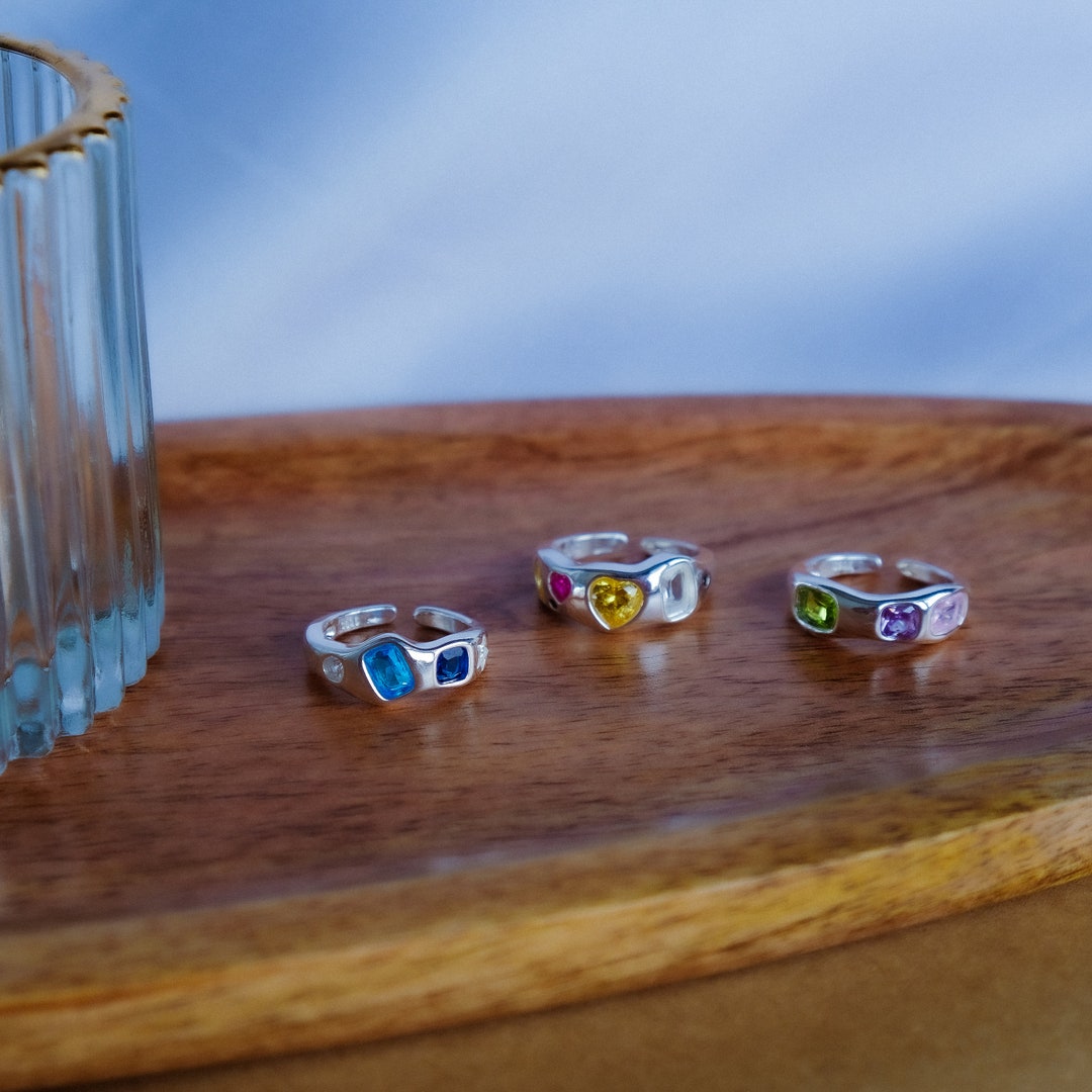 OKJ Thick Sturdy Irregular Rings With Colourful Gemstones for Women - Chunky Silver Rings Korean ...