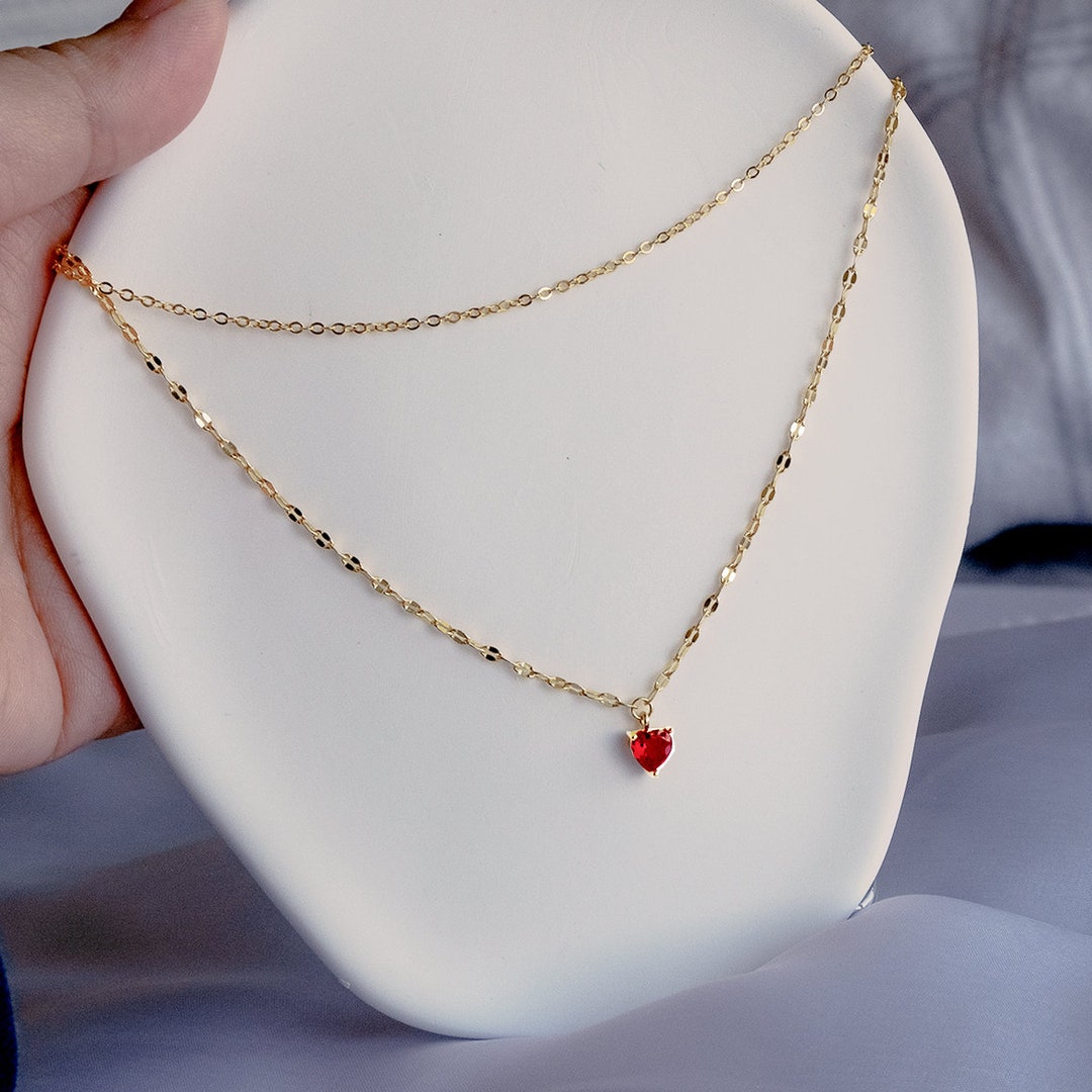 OKJ Silver With 14k Gold Plate Red Heart CZ Earring and Necklace Set Bridal Wedding Jewellery ...