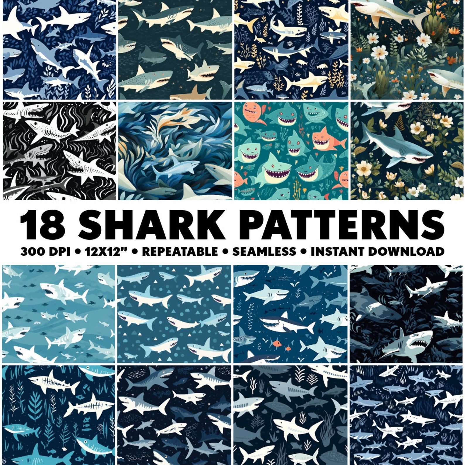 18 Shark Patterns Great White Seamless Patterns Sharks Repeatable ...