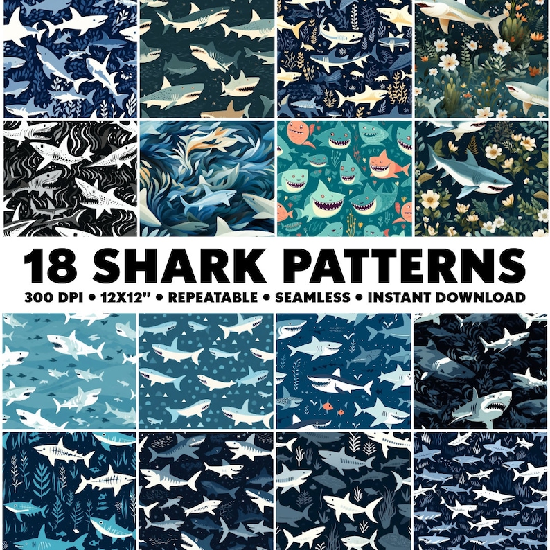 18 Shark Patterns Great White Seamless Patterns Sharks Repeatable ...