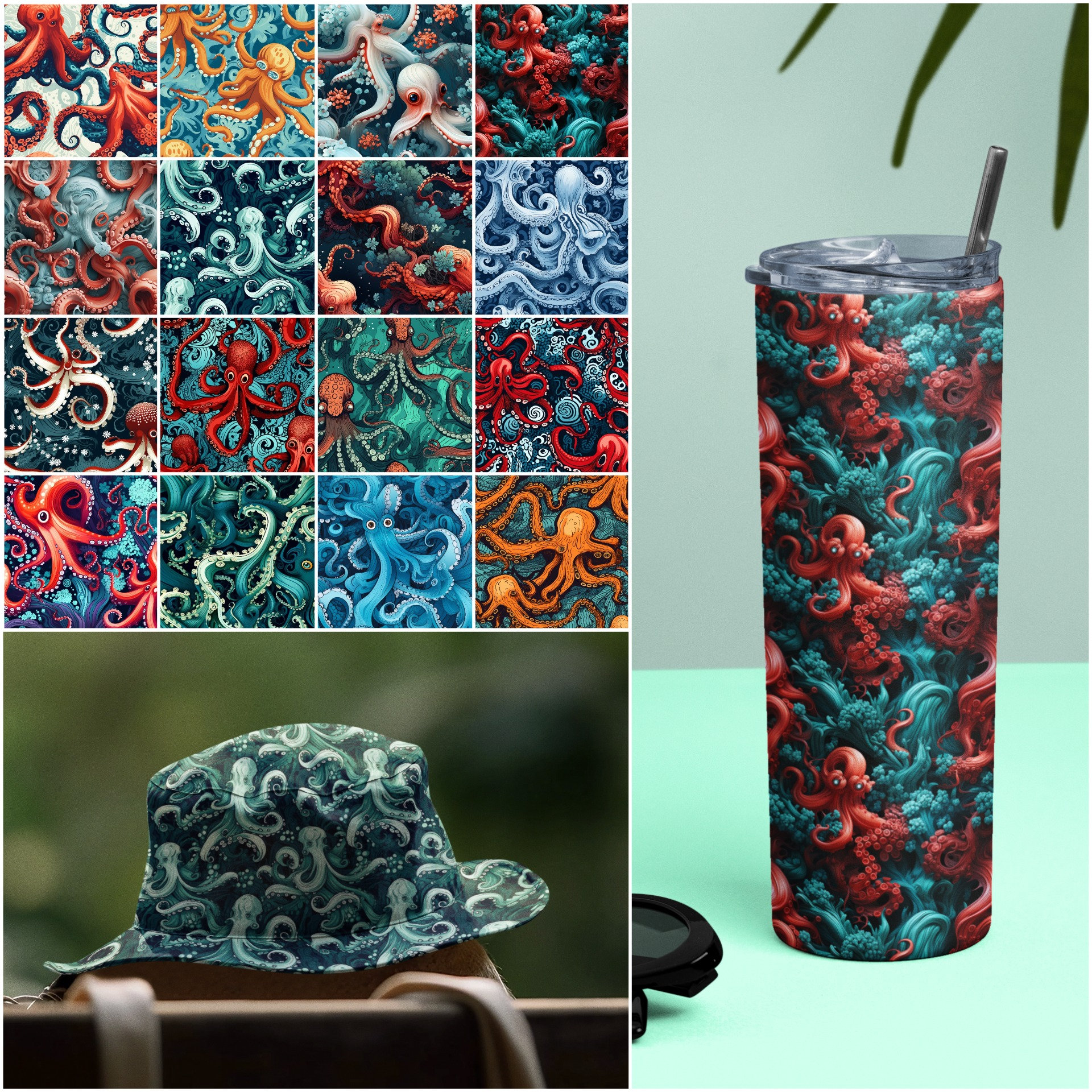 16 Octopus Patterns Tentacle Seamless Patterns Octopus Repeatable Fish ...