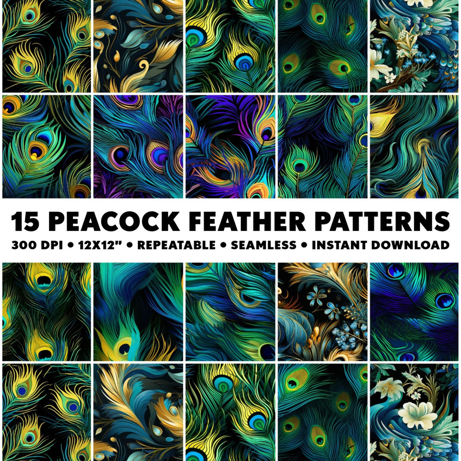 15 Peacock Feather Patterns Green Seamless Patterns Bird Repeatable ...