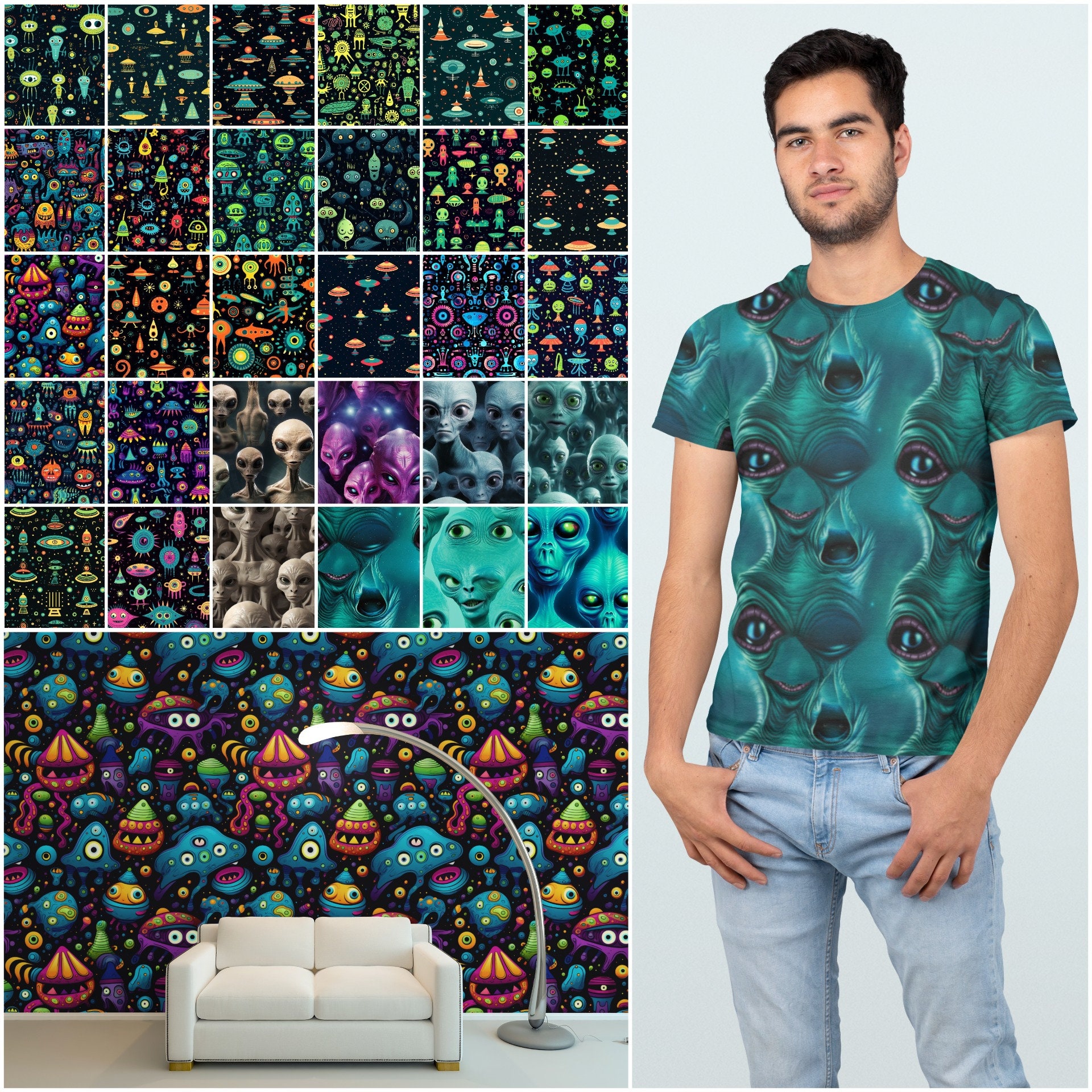 32 Alien Patterns Seamless Monster Pattern ET Repeatable Pattern Alien Endless Pattern Space ...