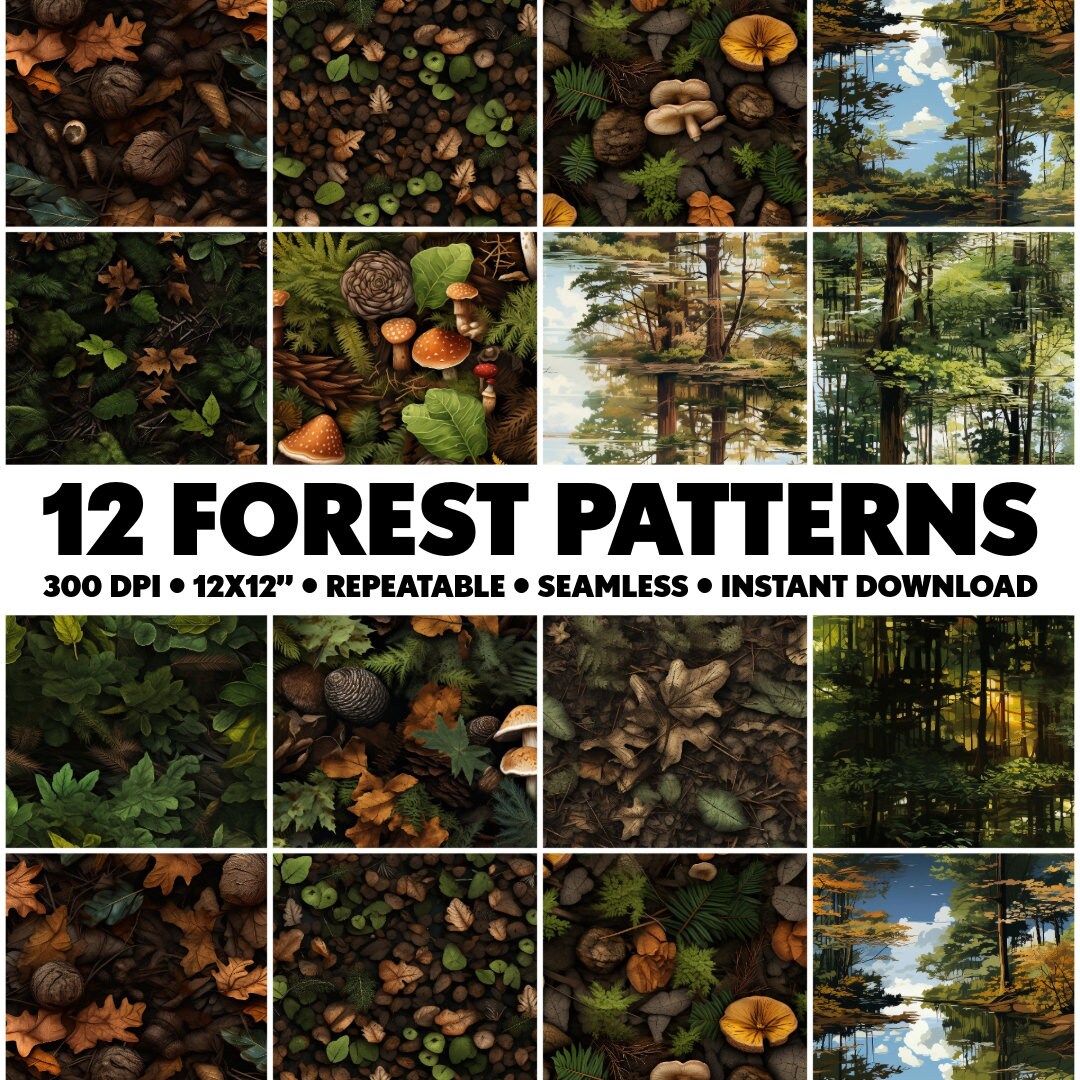 12 Forest Patterns Seamless Leaves Patterns Repeatable Mushroom Pattern ...