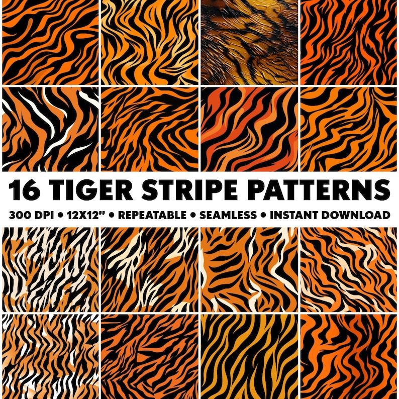 16 Tiger Stripe Patterns Animal Seamless Patterns Nature Repeatable ...