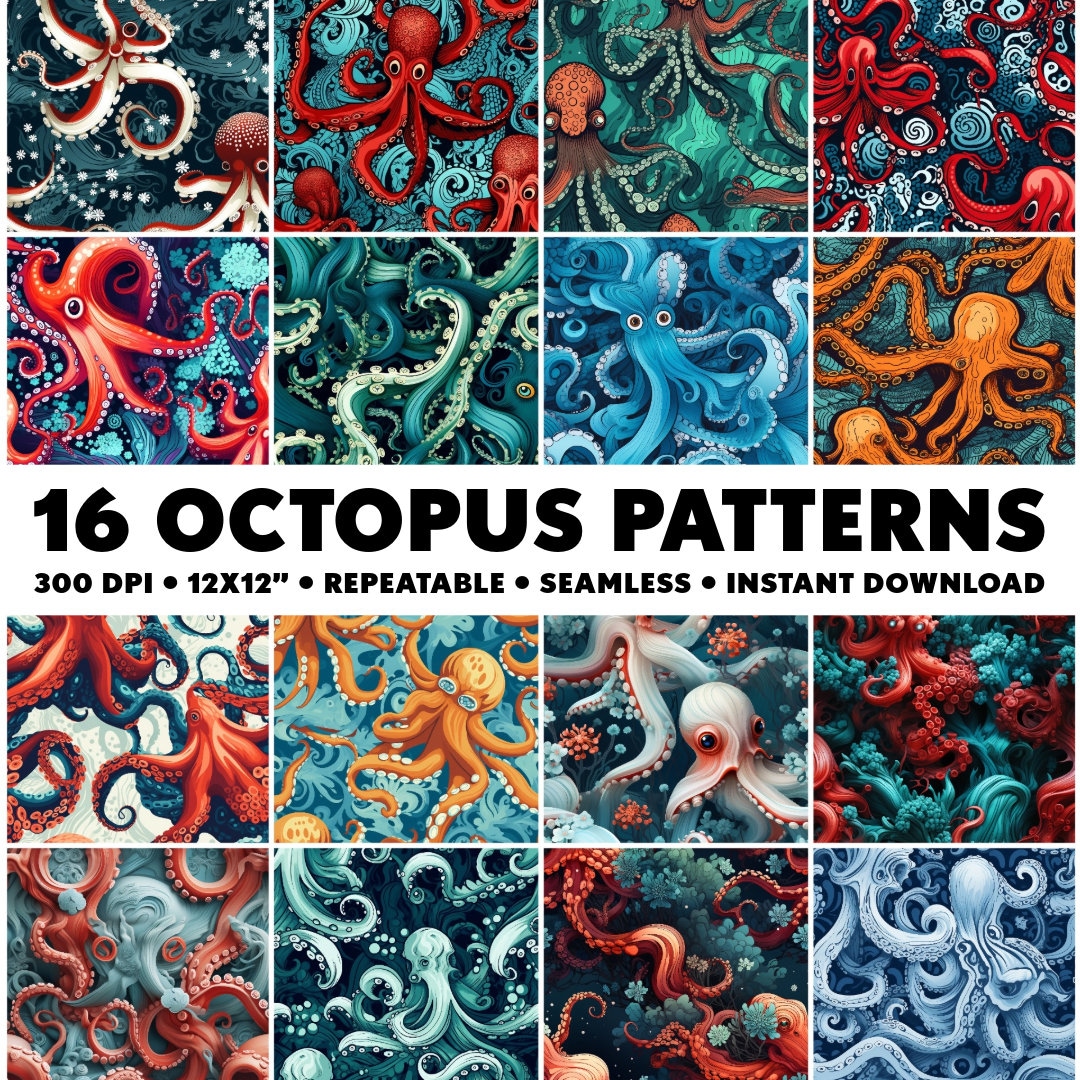 16 Octopus Patterns Tentacle Seamless Patterns Octopus Repeatable Fish ...