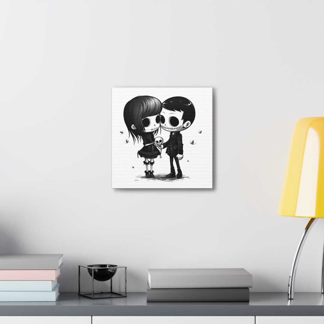 Goth Couple Dark Romance Wall Art Cute Chibi Skelton Canvas Etsy