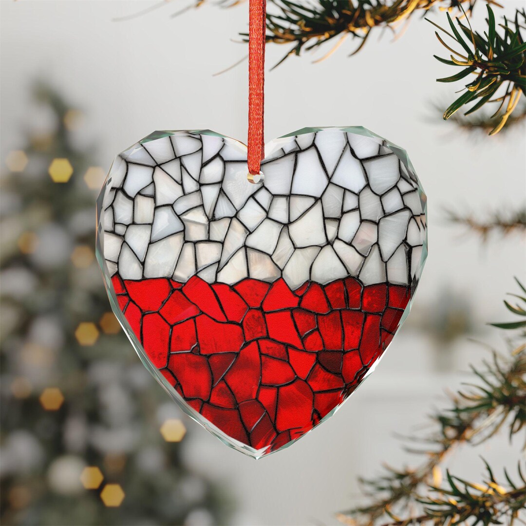 Stained Glass Style Poland Flag Crystal Ornament Polish Flag Heart or ...