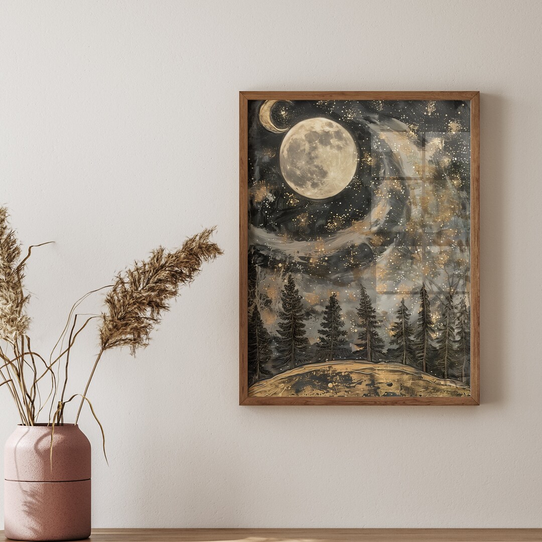 Sgraffito Forest Art Print Night Sky Wall Decor Dual Moon Landscape ...