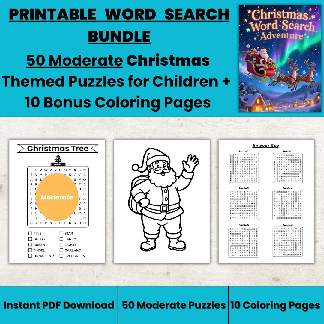 Christmas Word Search: 50 Moderate Puzzles + 10 Coloring Pages (ages 8 ...