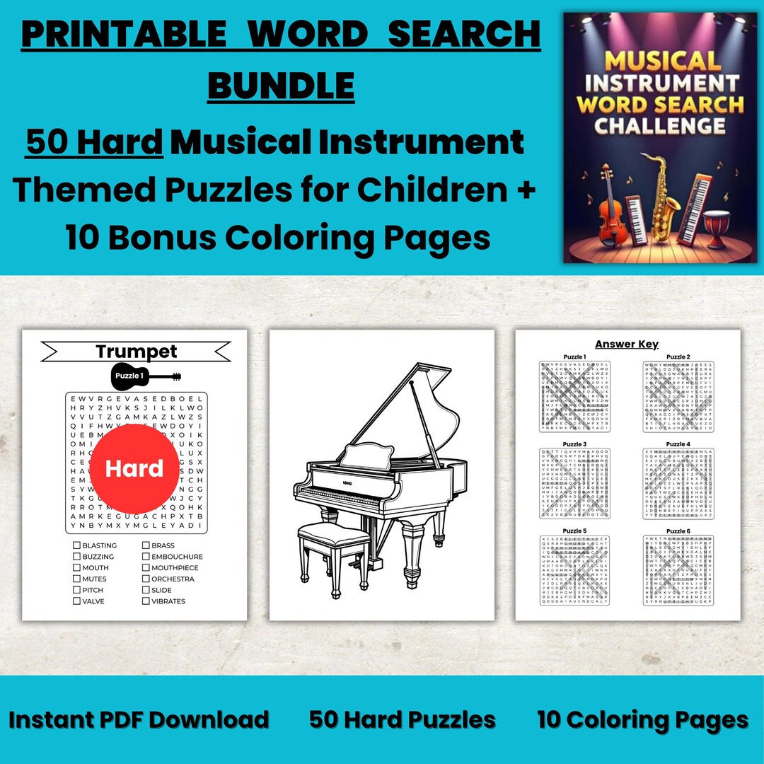 Musical Instruments Word Search: 50 Hard Puzzles + 10 Coloring Pages ...