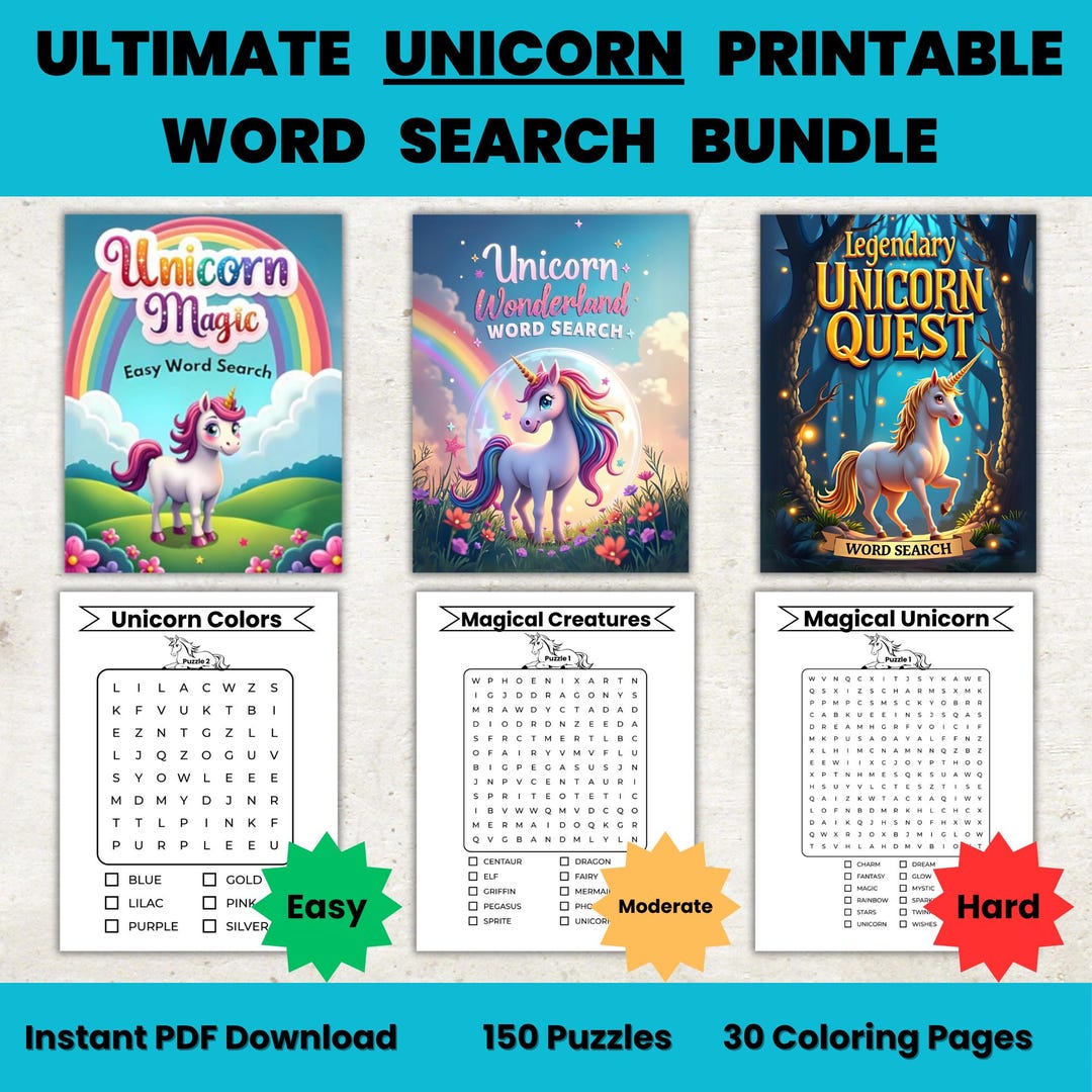 Unicorn Word Search Bundle for Kids | Easy, Moderate & Hard Puzzles ...