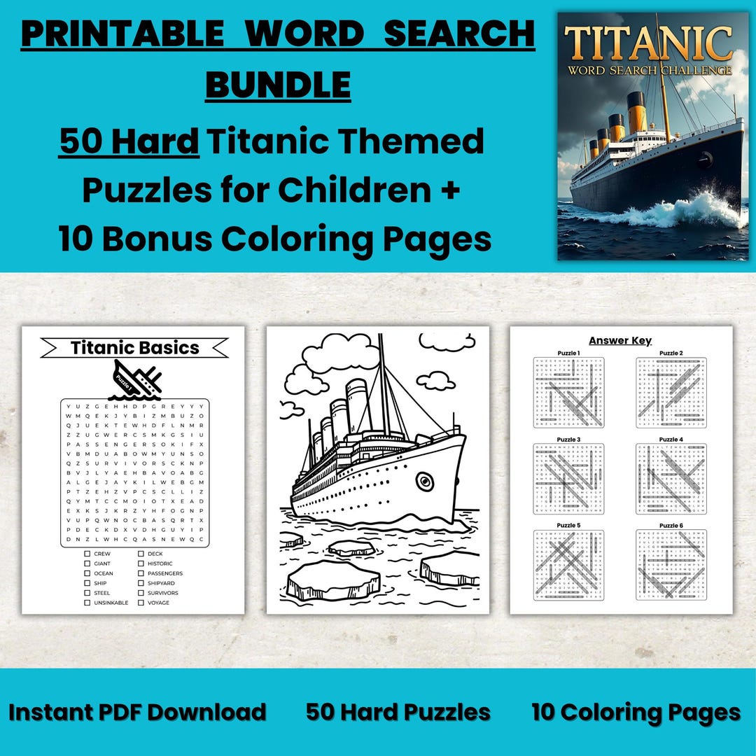 Titanic Theme; 50-page Hard Word Search Puzzles for Children Ages 8 and ...