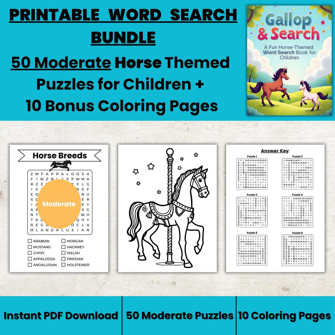 Horses Word Search: 50 Moderate Puzzles + 10 Coloring Pages (ages 8-10 ...