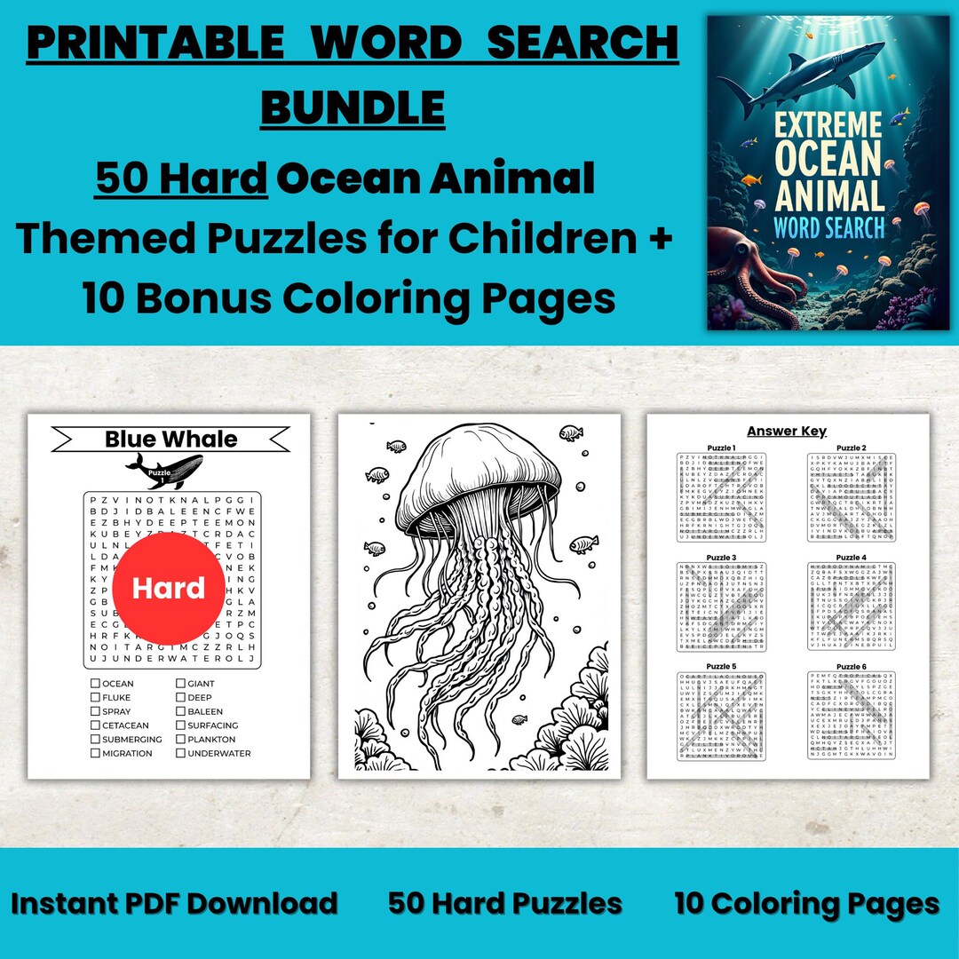Ocean Animals Word Search: 50 Hard Puzzles + 10 Coloring Pages (ages 8 ...