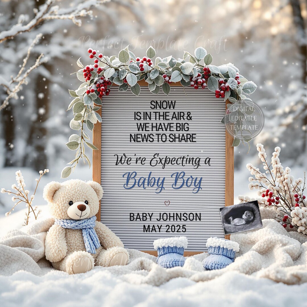 Winter Baby Boy Announcement Digital Snow is in the Air Pregnancy ...