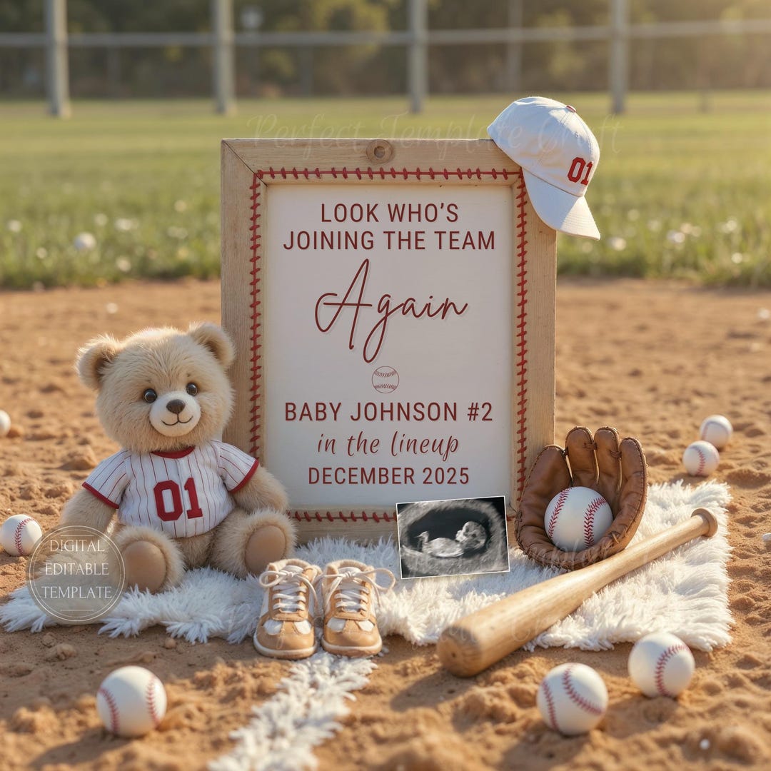 Baseball Sibling Pregnancy Announcement Digital, Second Baby Reveal ...