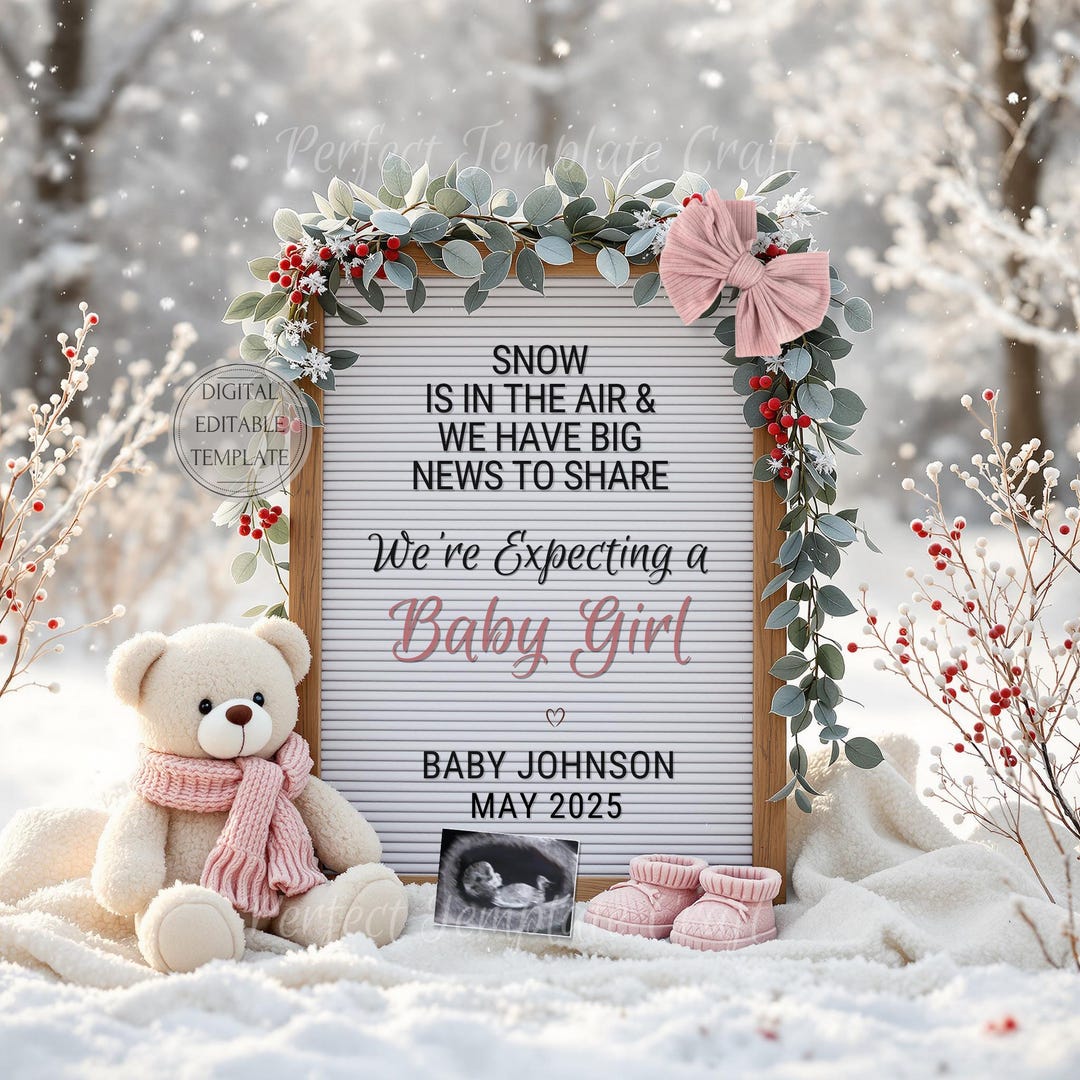 Winter Baby Girl Announcement Digital, Snow Pregnancy Announcement ...