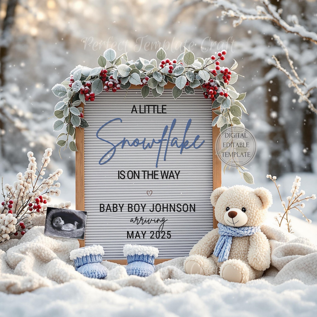 Winter Baby Boy Announcement Digital, Snowflake Pregnancy Announcement ...