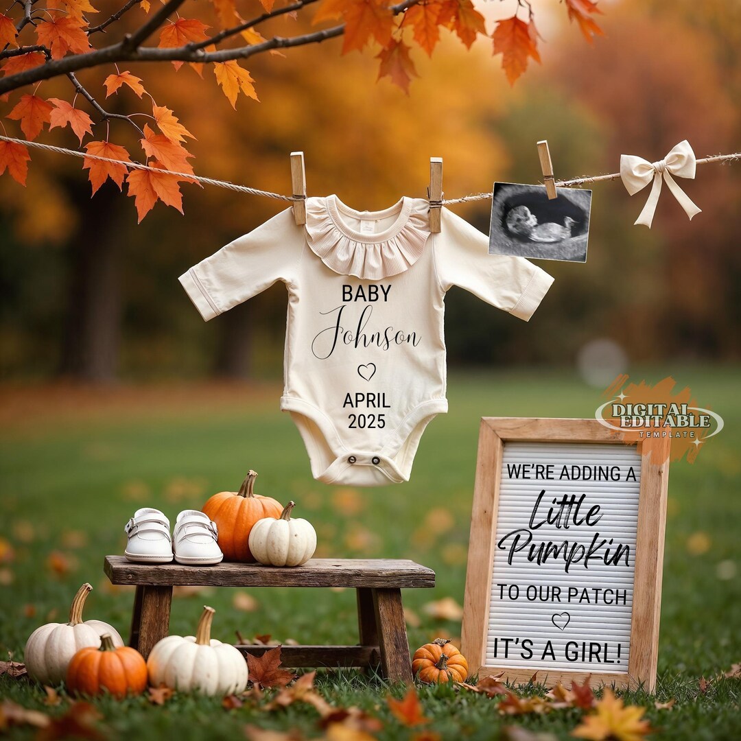 Fall Baby Girl Announcement Digital Autumn Pregnancy Announcement It's ...