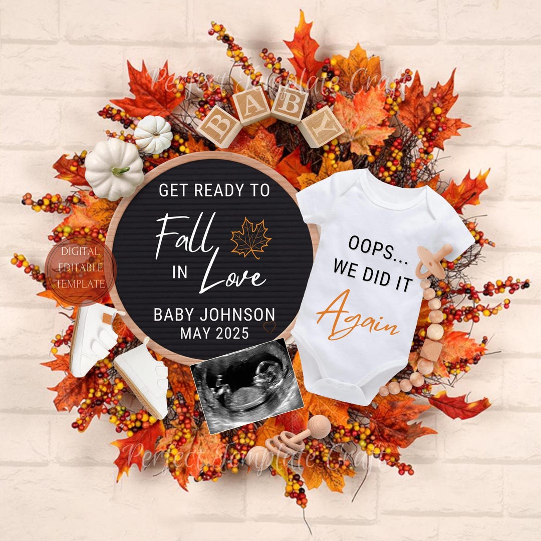 Fall Again Baby Pregnancy Announcement Digital, Second Baby Gender ...