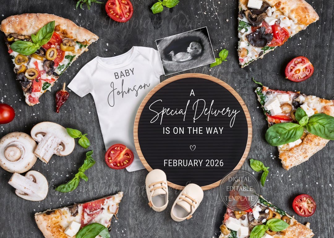 Pizza Baby Announcement Digital, Special Delivery Pregnancy Reveal ...