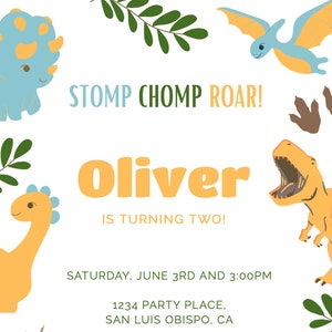 Customizable "stomp, Chomp, Roar" Dinosaur Theme Kid's Birthday Party ...