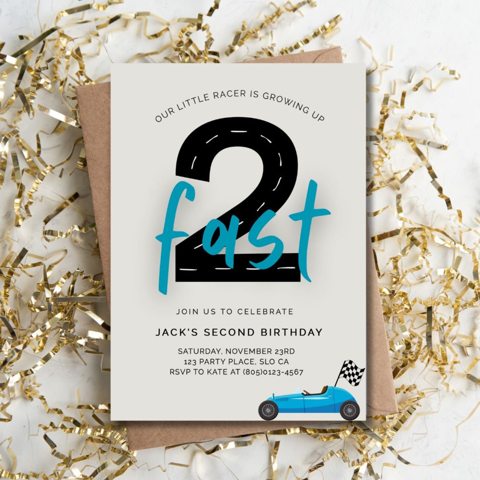 Two Fast Theme Kid's Second Birthday Invitation, Two Fast Birthday ...