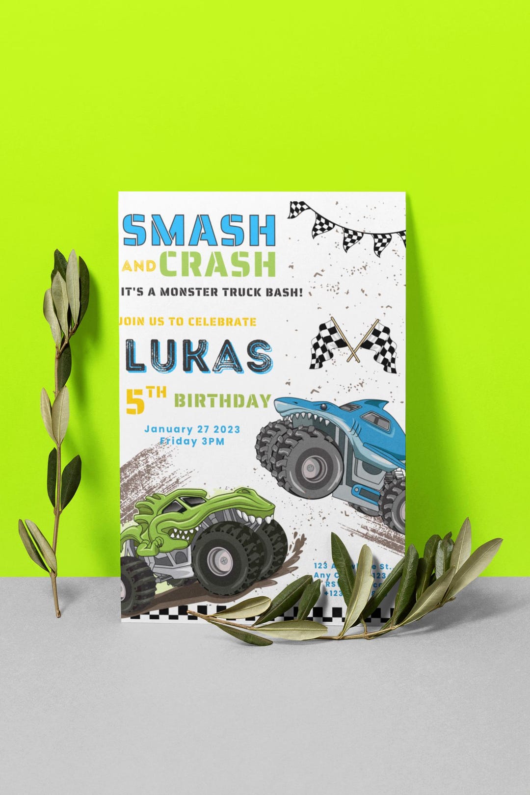 Monster Jam Theme Kid's Birthday Invitation - 7 Birthday Jam Monster ...