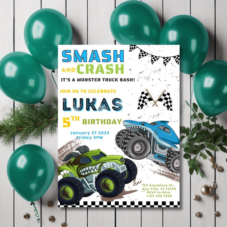 Monster Jam Theme Kid's Birthday Invitation - 7 Birthday Jam Monster ...