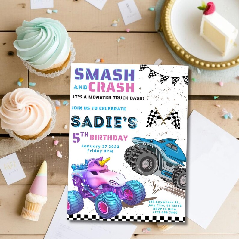 Monster Jam Theme Kid's Birthday Invitation - 7 Birthday Jam Monster ...