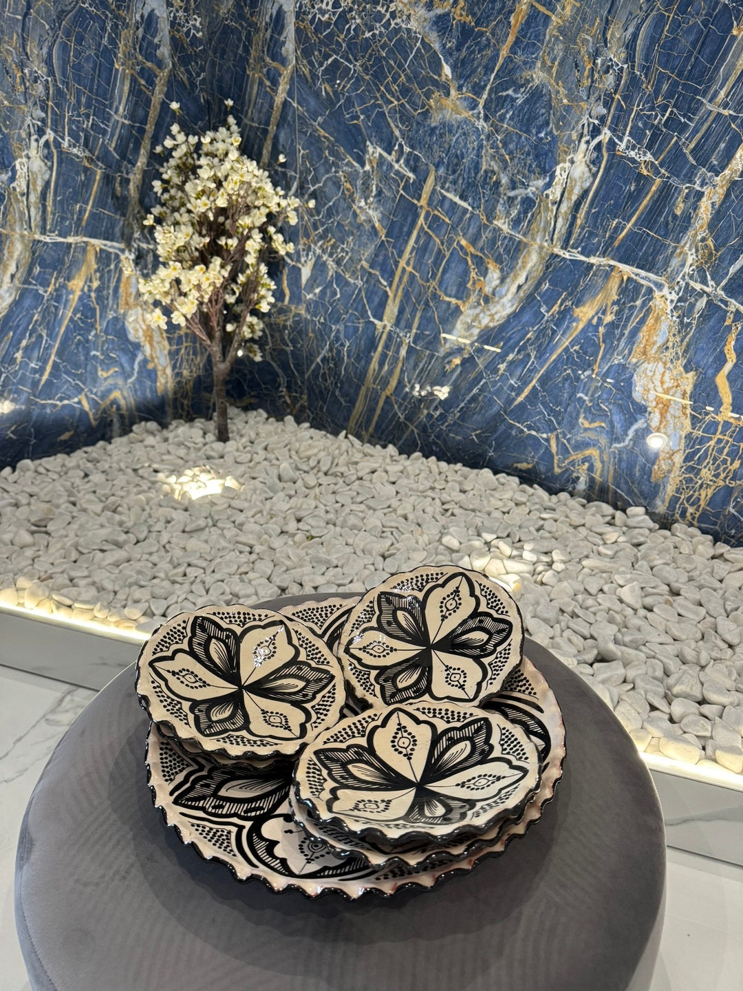 Berber Plate Set 7 Pieces, Moroccan Dinnerware Set, in Black and White ...