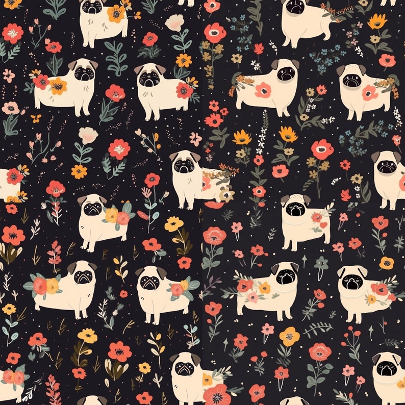 Cute Pugs With Flowers Seamless Pattern Art Design - Etsy