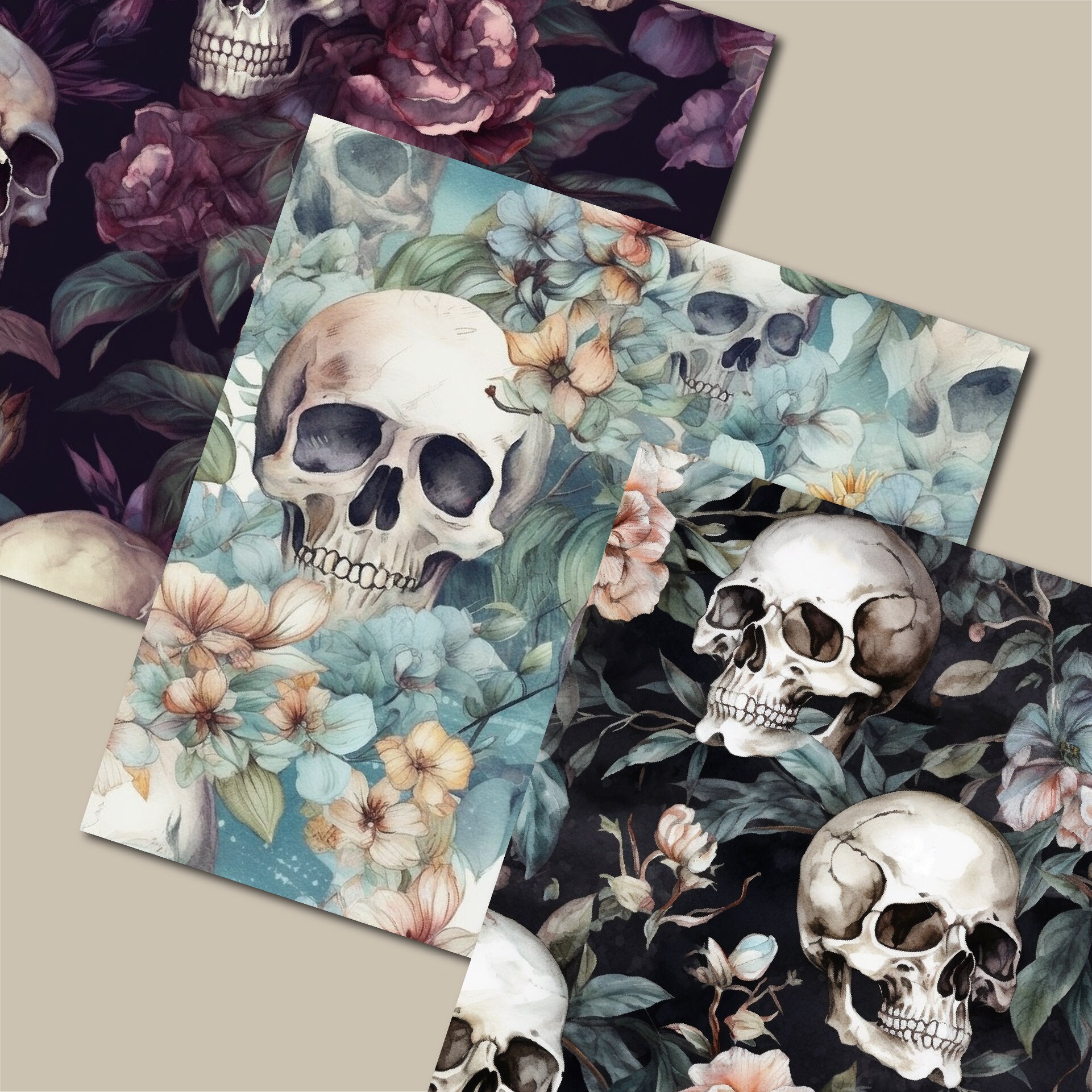Floral Macabre Pattern Pack, 6 Seamless Pattern With Flowers and Skulls ...