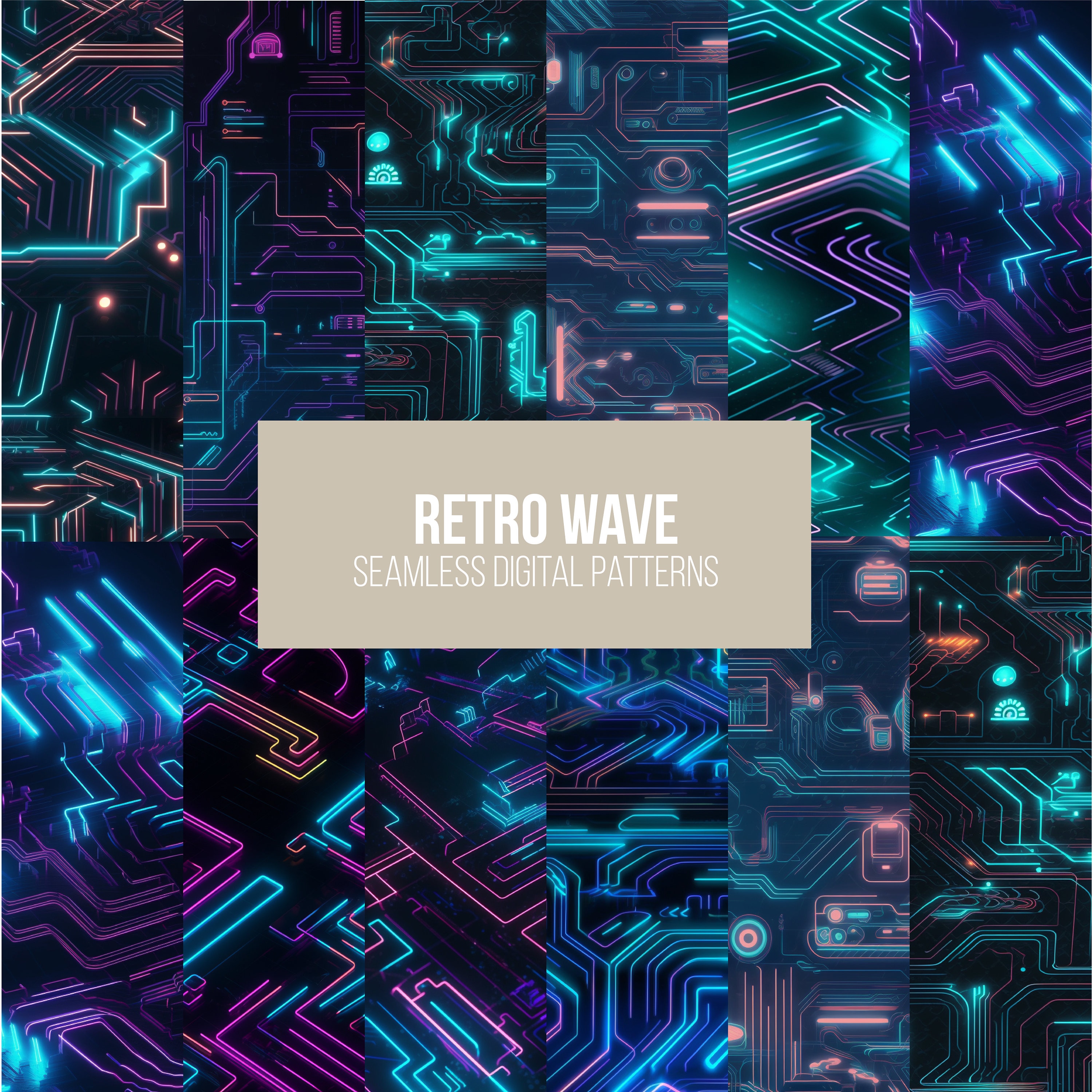 Retro Futurism Pattern Pack, 6 Seamless Pattern With Neon Video Game ...