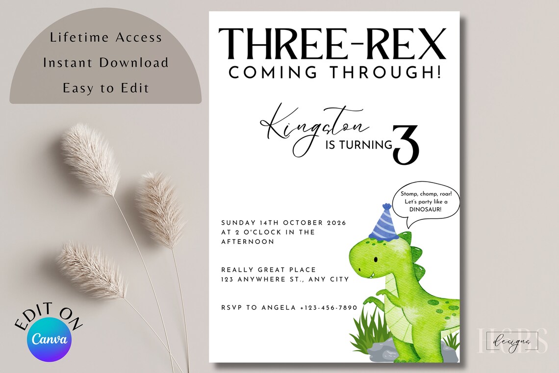 Three Rex Dinosaur Birthday Invitation Dino Birthday Party 3rd Birthday ...