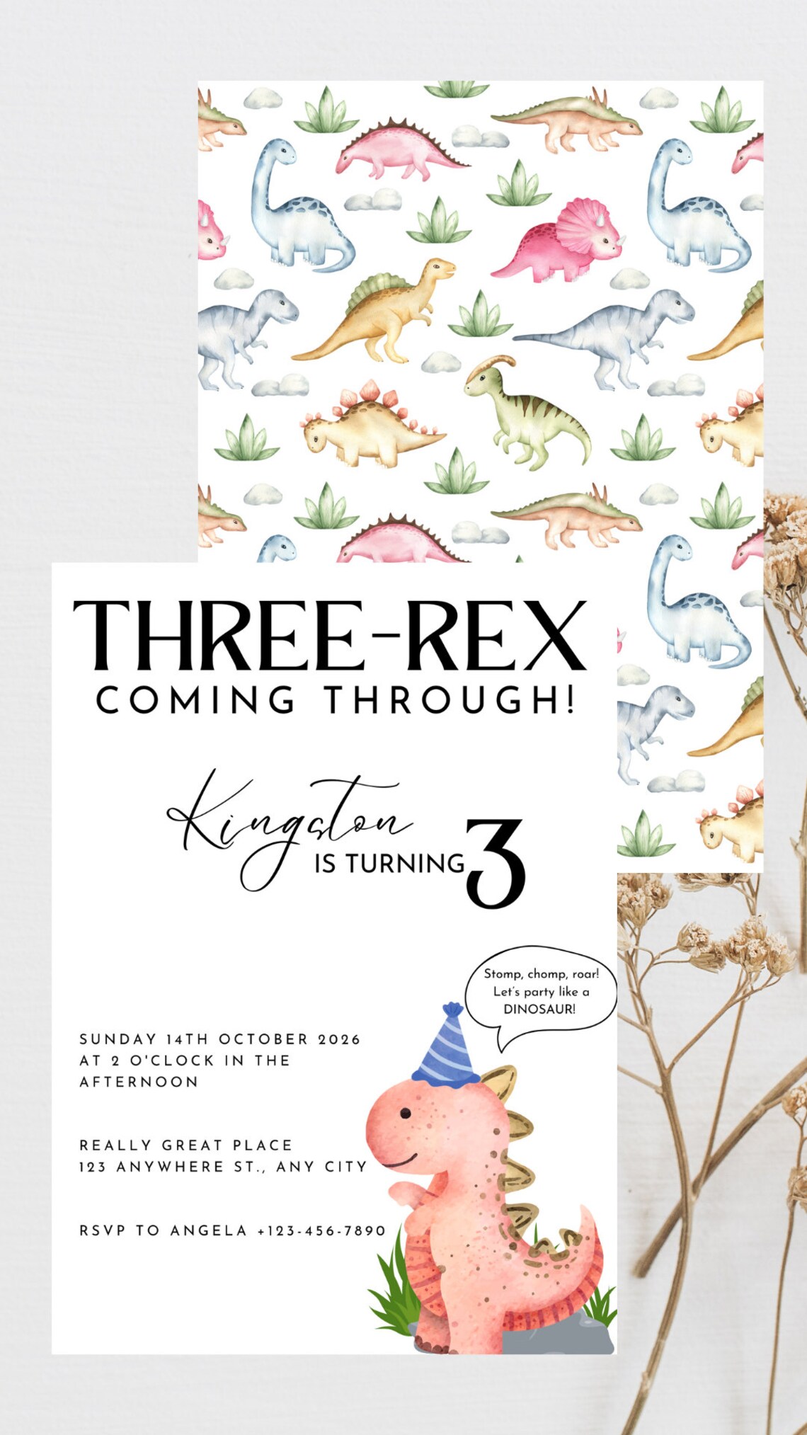 Three Rex Dinosaur Birthday Invitation Dino Birthday Party 3rd - Etsy