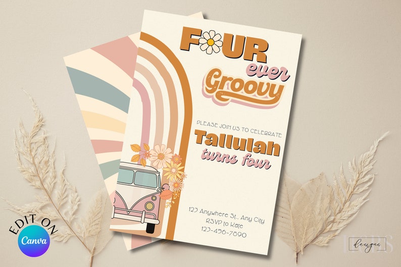 Fourever Groovy Birthday Invitation 4th Birthday Party Boho 70s ...