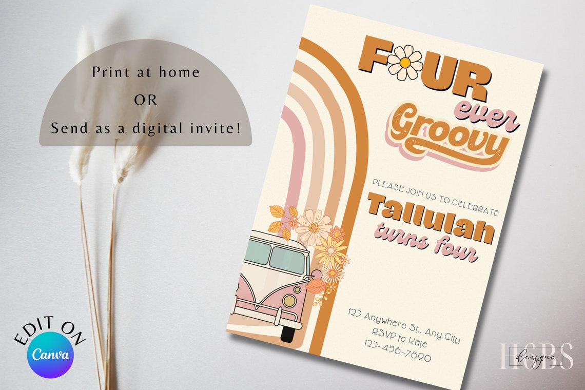 Fourever Groovy Birthday Invitation 4th Birthday Party Boho 70s ...