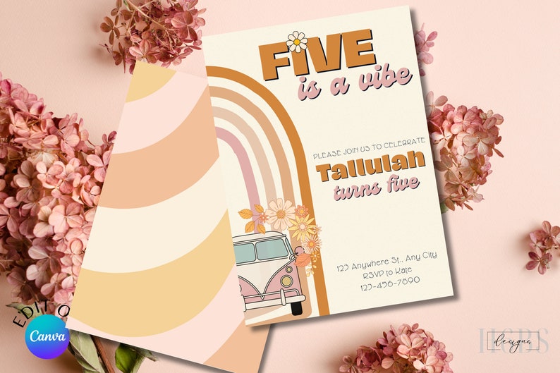 Five is a Vibe Birthday Invitation 70s Groovy Birthday Party Theme Boho ...