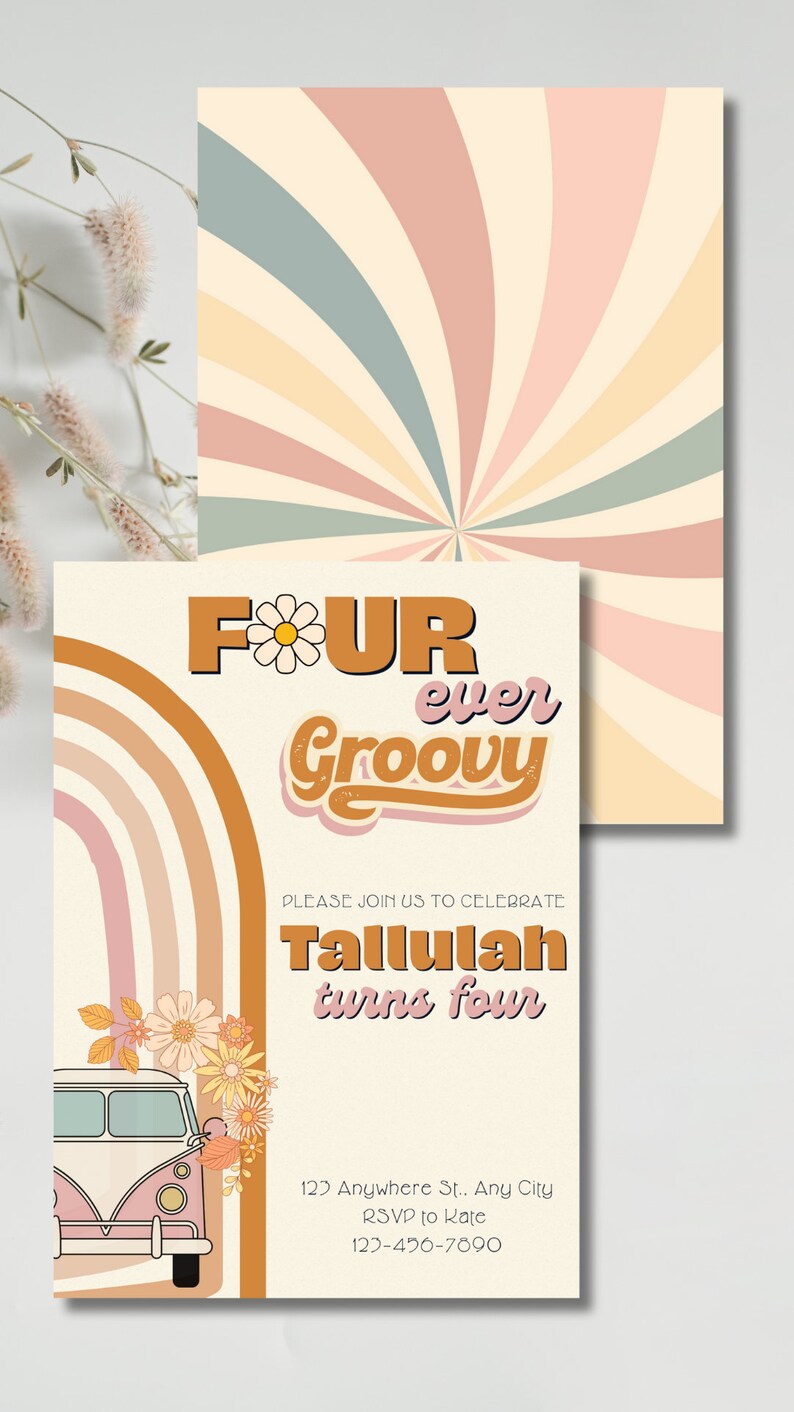 Fourever Groovy Birthday Invitation 4th Birthday Party Boho 70s ...