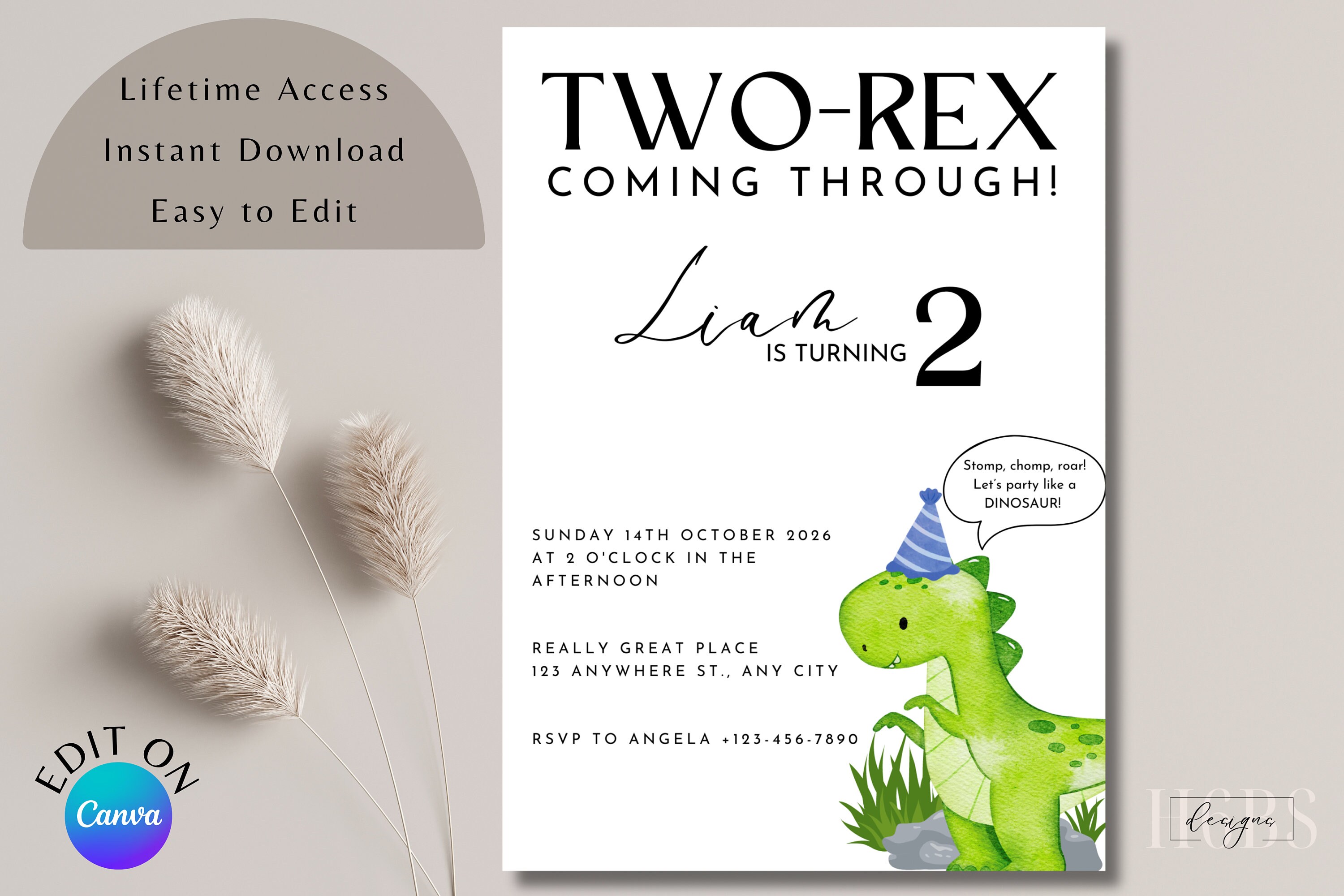 Two Rex Birthday Invitation Boy Dinosaur Birthday Party Green Dino 2nd ...