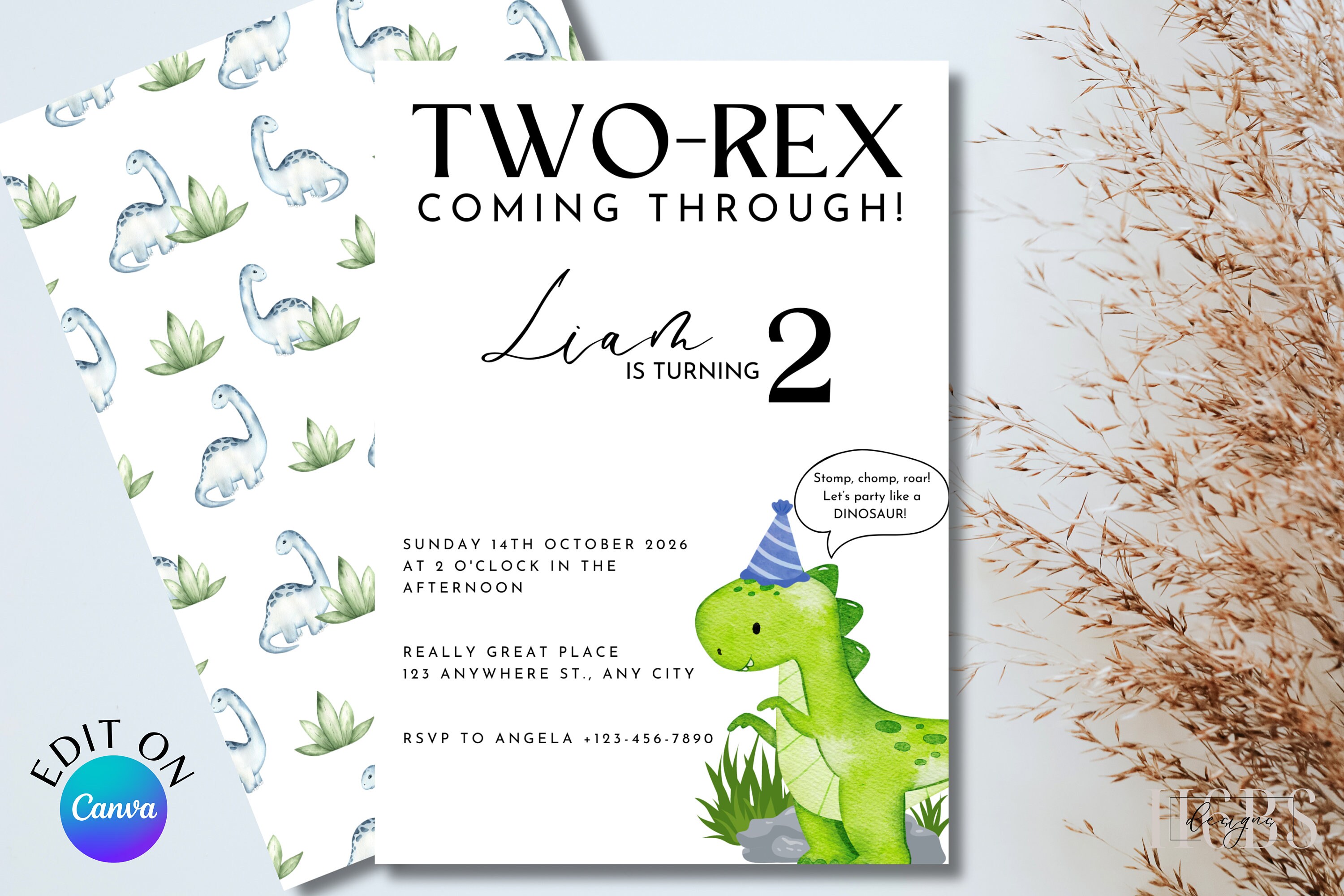 Two Rex Birthday Invitation Boy Dinosaur Birthday Party Green Dino 2nd ...